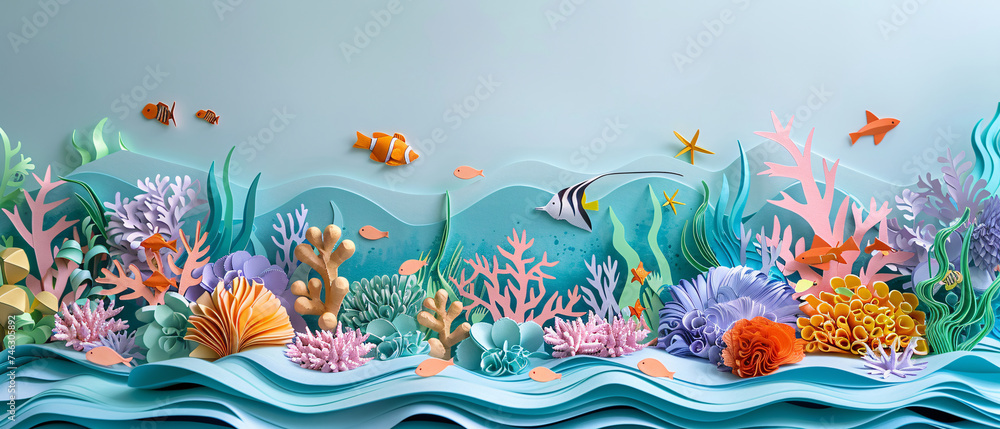 Paper art Coral reef with small fish. Stock Illustration | Adobe Stock
