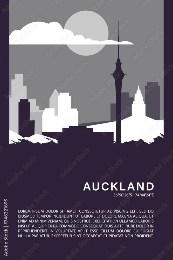 Auckland city minimalistic poster with skyline, cityscape retro vector ...