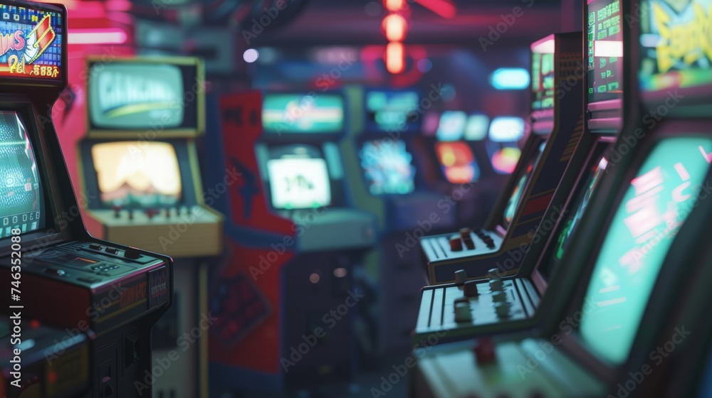 Vibrant neon lights illuminate a lineup of classic arcade cabinets, evoking a sense of 80s ...