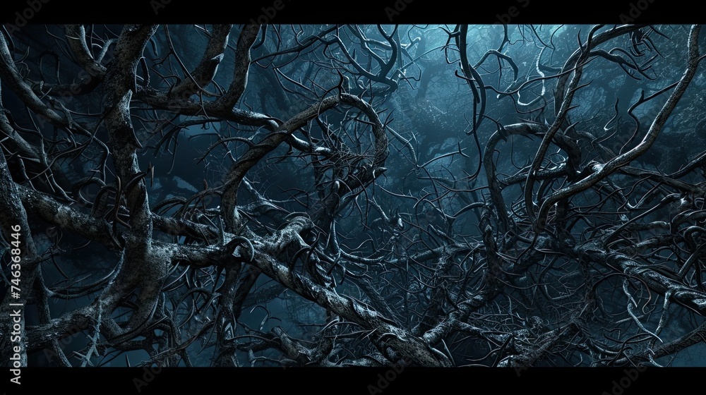Abstract twisted vines and thorns entangled in darkness. Mysterious ...