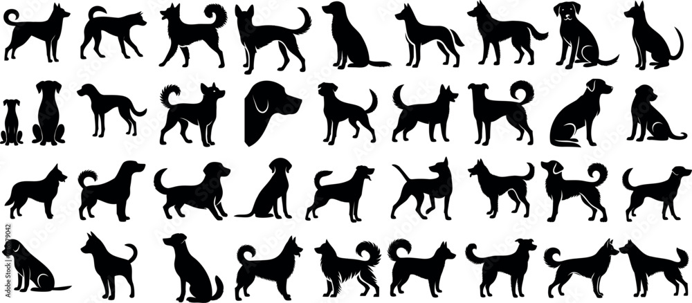 Dog silhouette set, diverse breeds, standing, sitting positions, dog ...