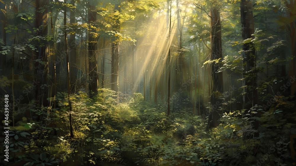 Abstract forest in sun rays icon. Forest, sunbeam, enchanting, radiant ...
