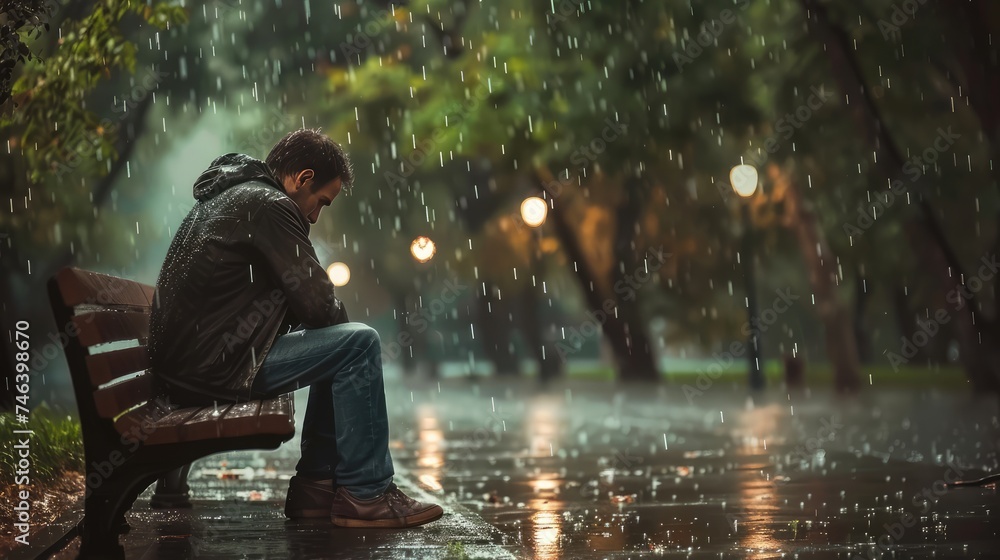 Sad man sitting in the park alone in the rain, AI generated Image Stock ...