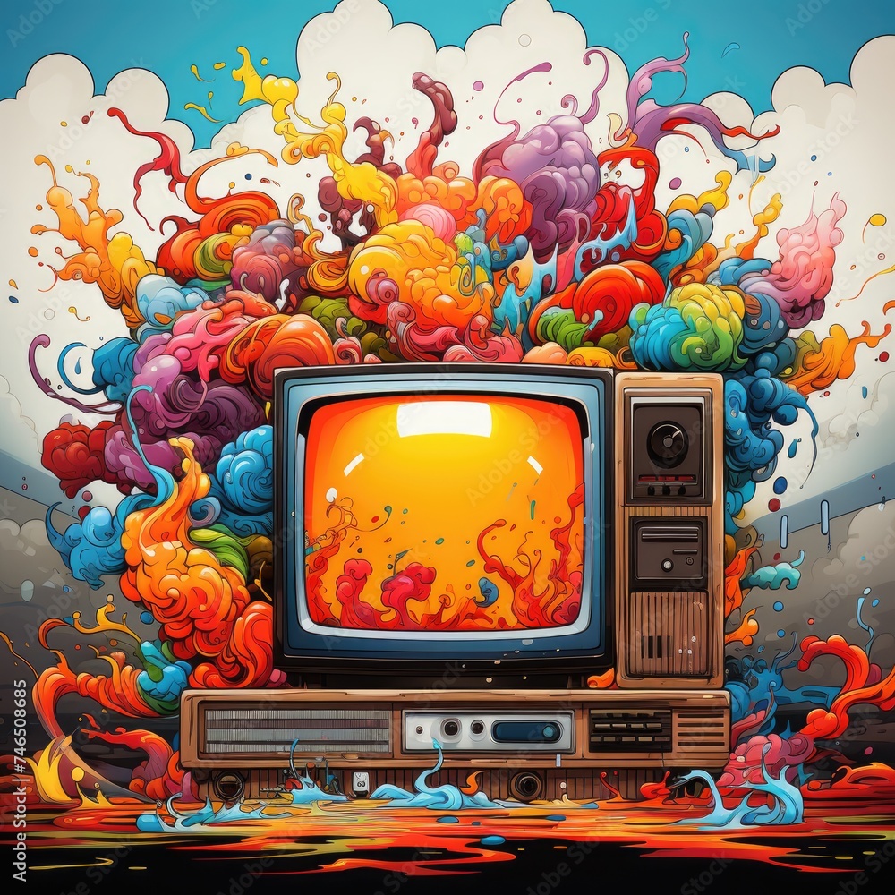 Vintage television set displaying iconic 60s pop culture figures ...