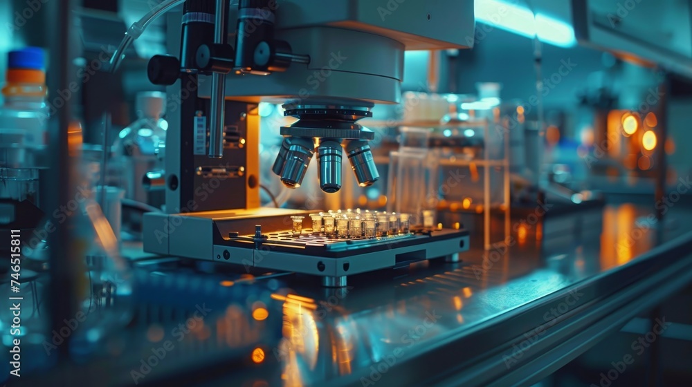 Automated laboratory microscope equipped for analyzing multiple samples, reflecting the ...