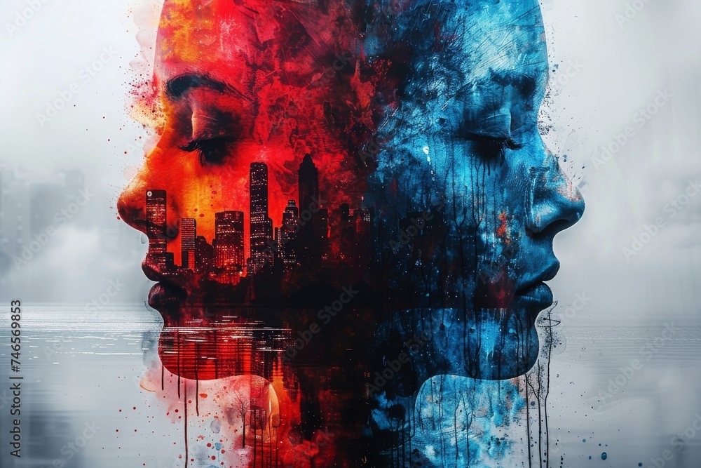 Striking artwork of two silhouettes with contrasting colors over an ...