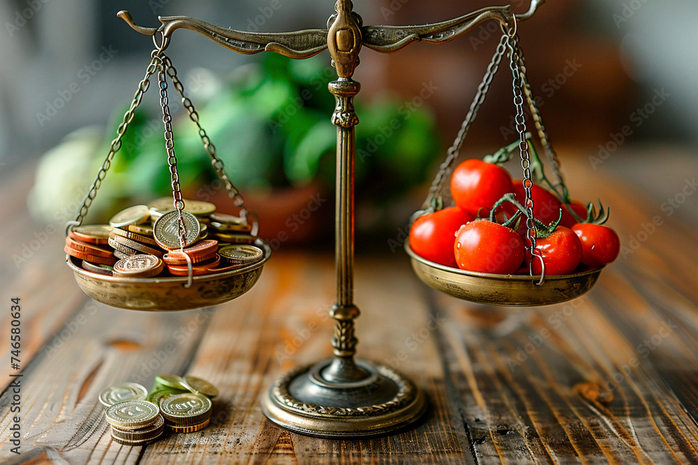 Scale with currency symbols outweighing everyday food, depicting the ...