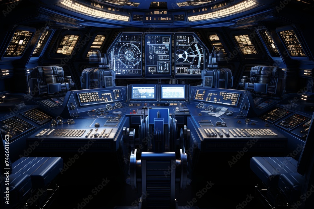 Futuristic spaceship cockpit with advanced control panels, evoking space travel technology ...