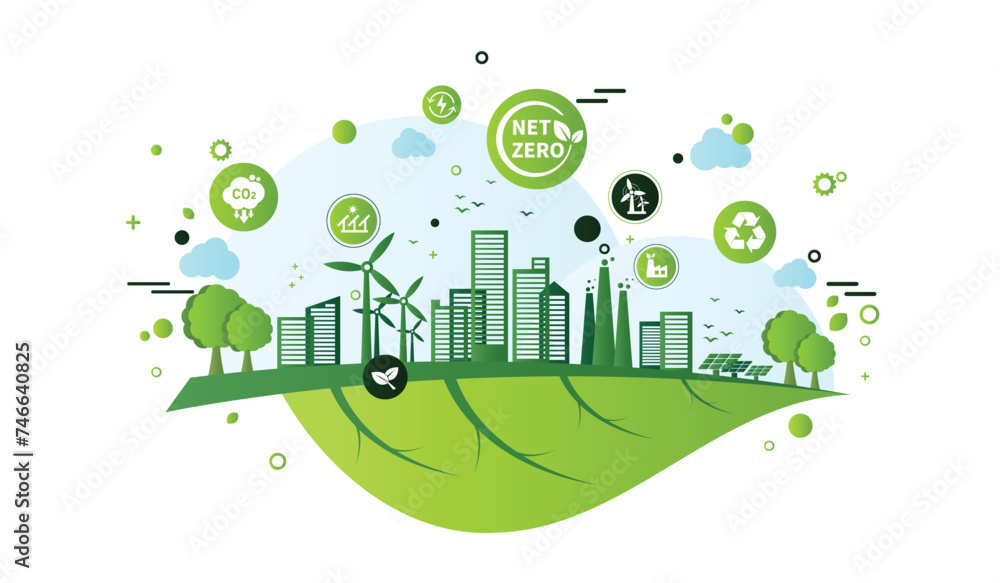 Net zero and carbon neutral concept. Net zero greenhouse gas emissions target. Climate neutral ...