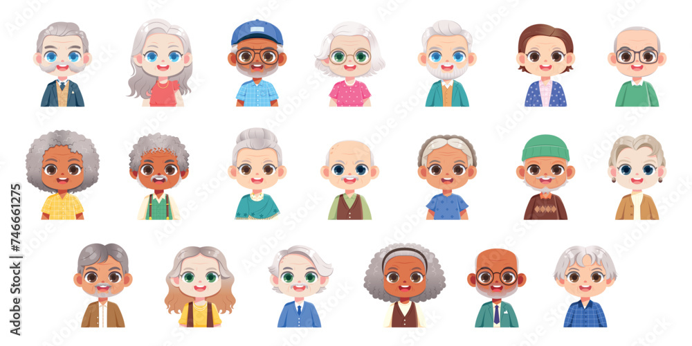 Vector Cute Old People Avatar Elderly Character Set illustration ...