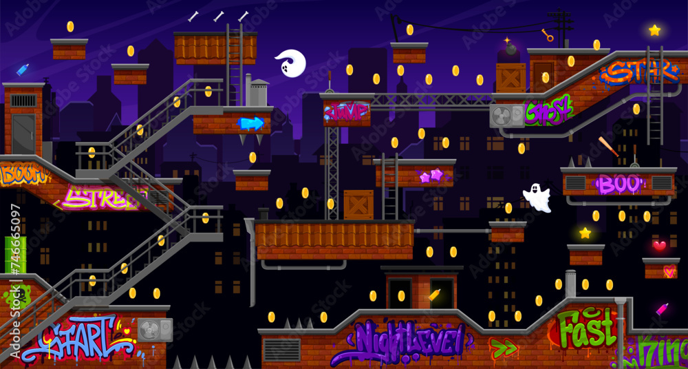 Arcade building roof game level map interface. Golden coins, roof ...