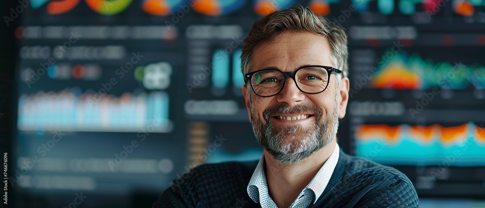 CFO strategy success, finance chief with a confident smile in front of ...