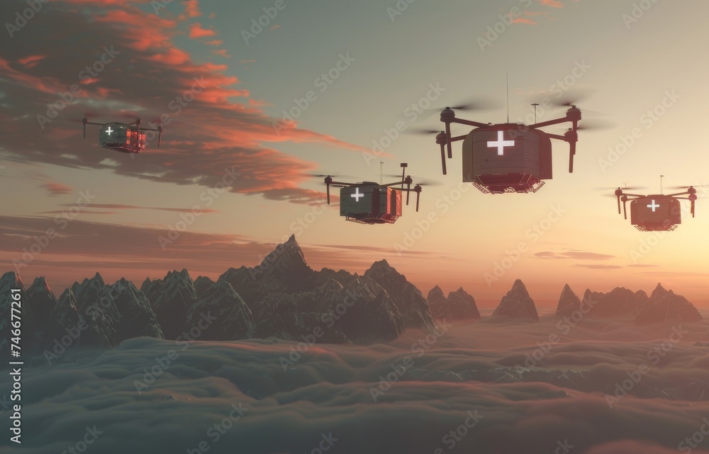 Medical drones delivering critical supplies to remote areas, representing the innovative use of ...