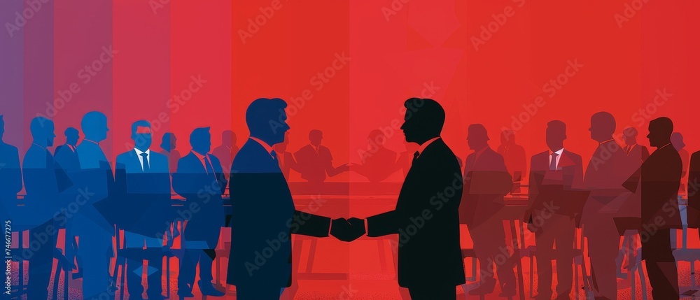 Merger announcement press conference, CEOs shaking hands, company logos ...