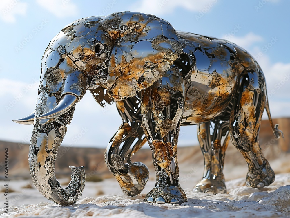 abstract metal sculpture of the golden elephant in desert, in the style ...