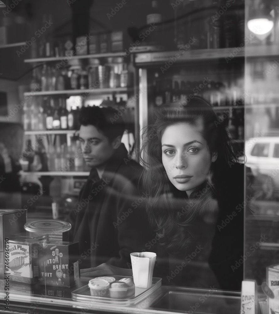 Photo Stock Realistic indoor black-and-white photograph of a deli seen ...