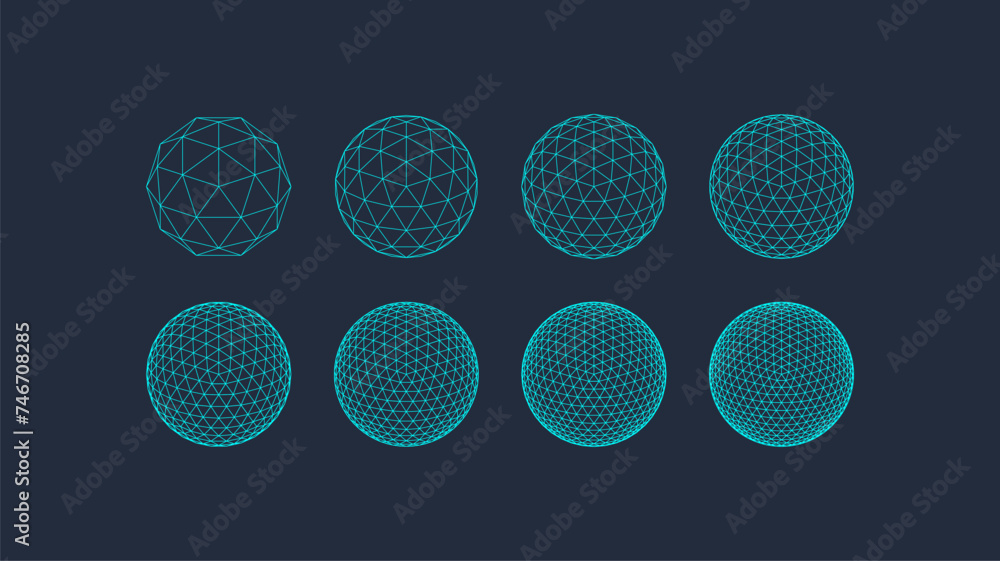 3D Geometric shapes set, editable stroke wireframe. Line mesh spheres ...