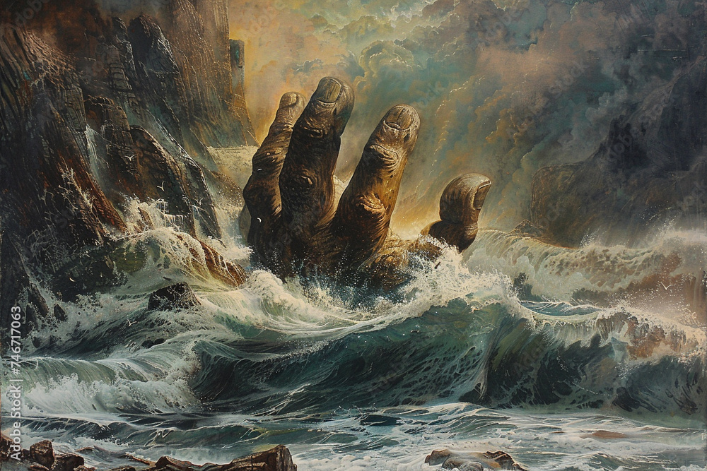 An enigmatic scene of a giant fist rising from the ocean altering the ...