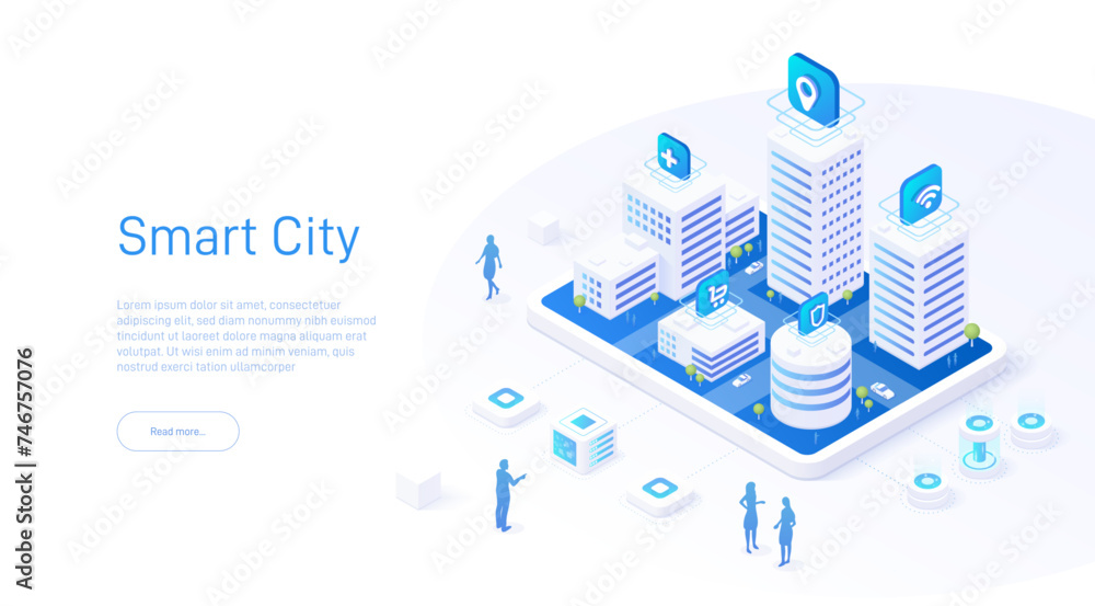 Isometric illustration of a smart city features. City of the future in ...