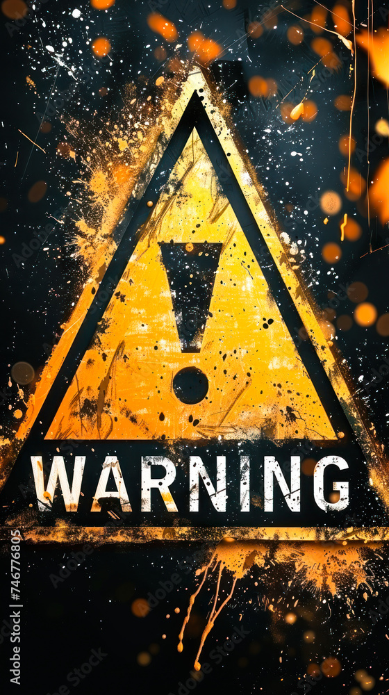 Grunge-style warning sign with a triangular border, exclamation mark ...
