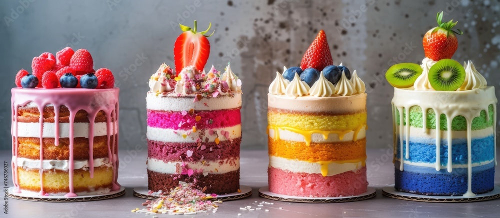 Four delicious cakes with various toppings displayed, showcasing a ...