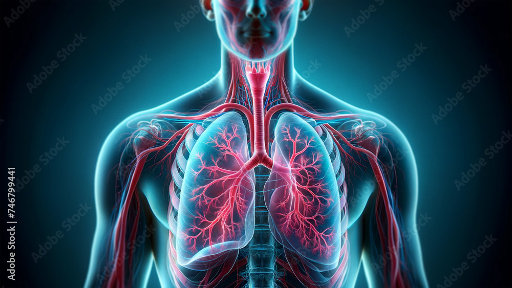 Detailed visualization of the human respiratory system, highlighting ...