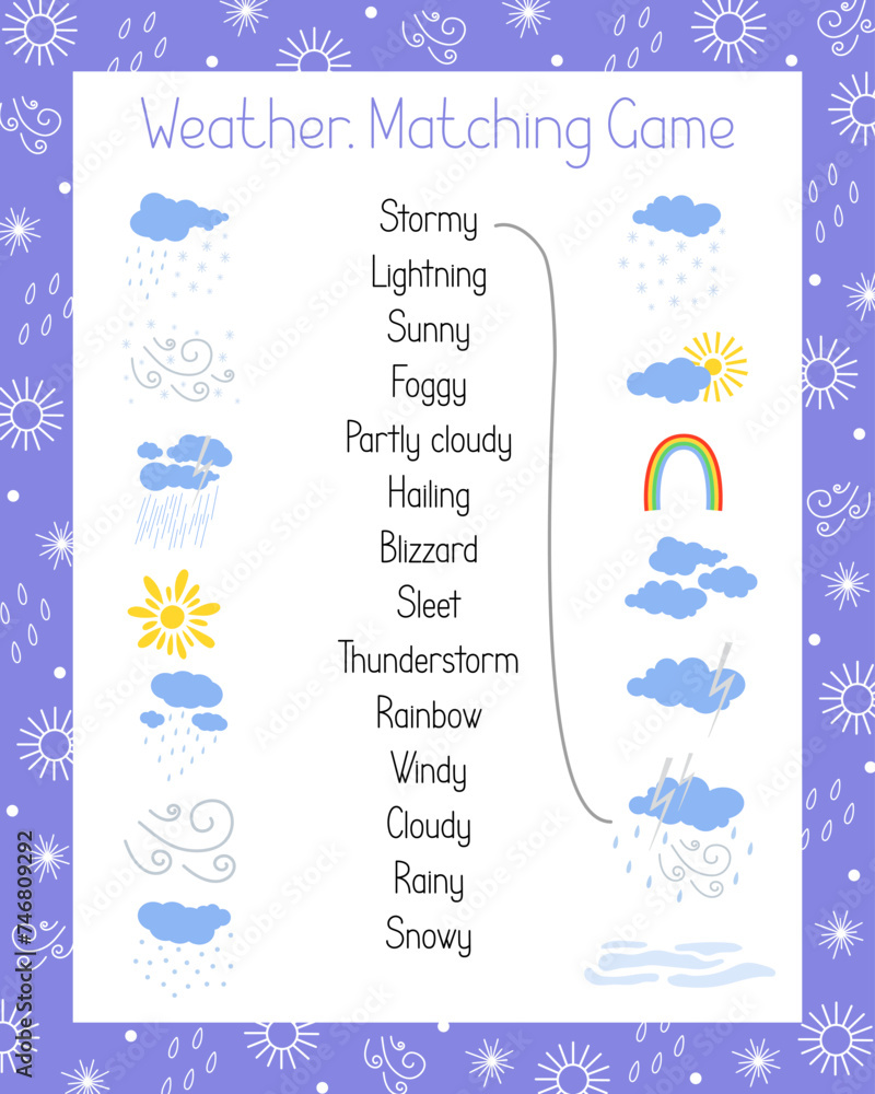 Weather elements, signs and words matching game vector illustration ...
