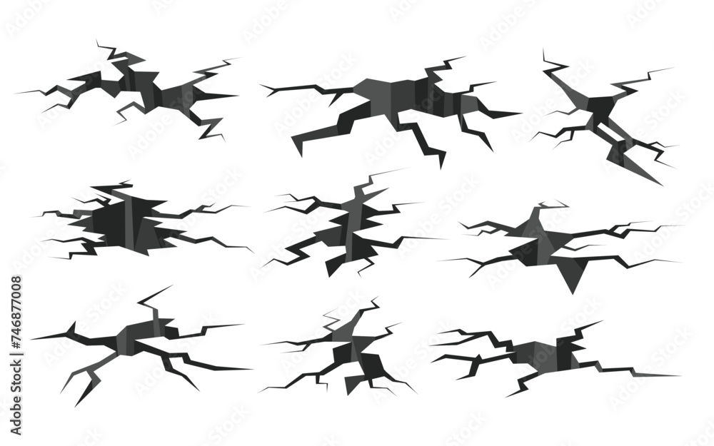 Set of Cracked Ground Texture Earthquake Crack collection, ruined land ...