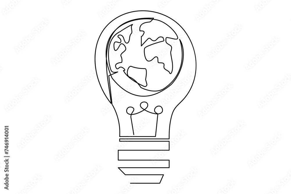 Continuous one line Earth globe inside lightbulb and earth hour outline ...