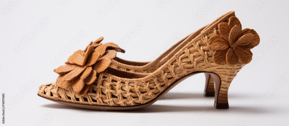 A wooden shoe adorned with a delicate flower on the heel, showcasing ...