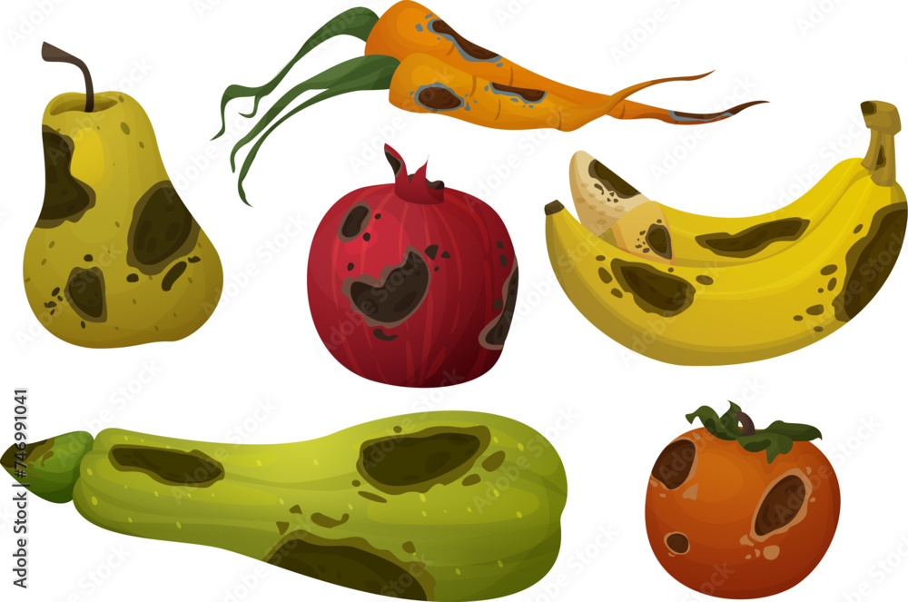 Rotten food with rot and mold. Cartoon vector illustration set of dirty ...