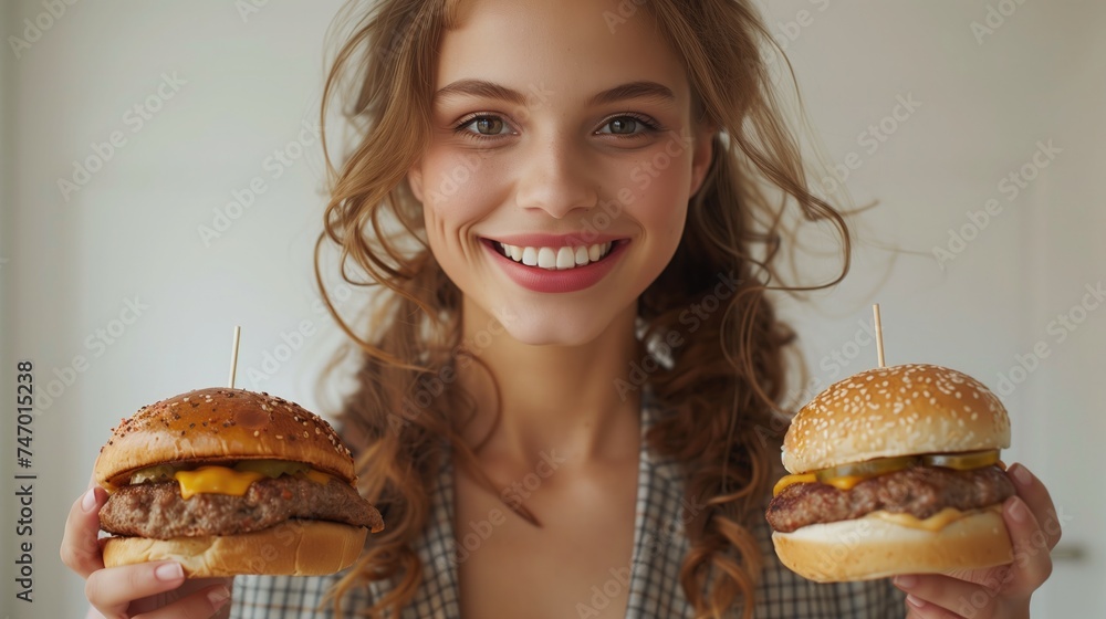 Attractive woman holding giant burgers in hand. Comically, food ...