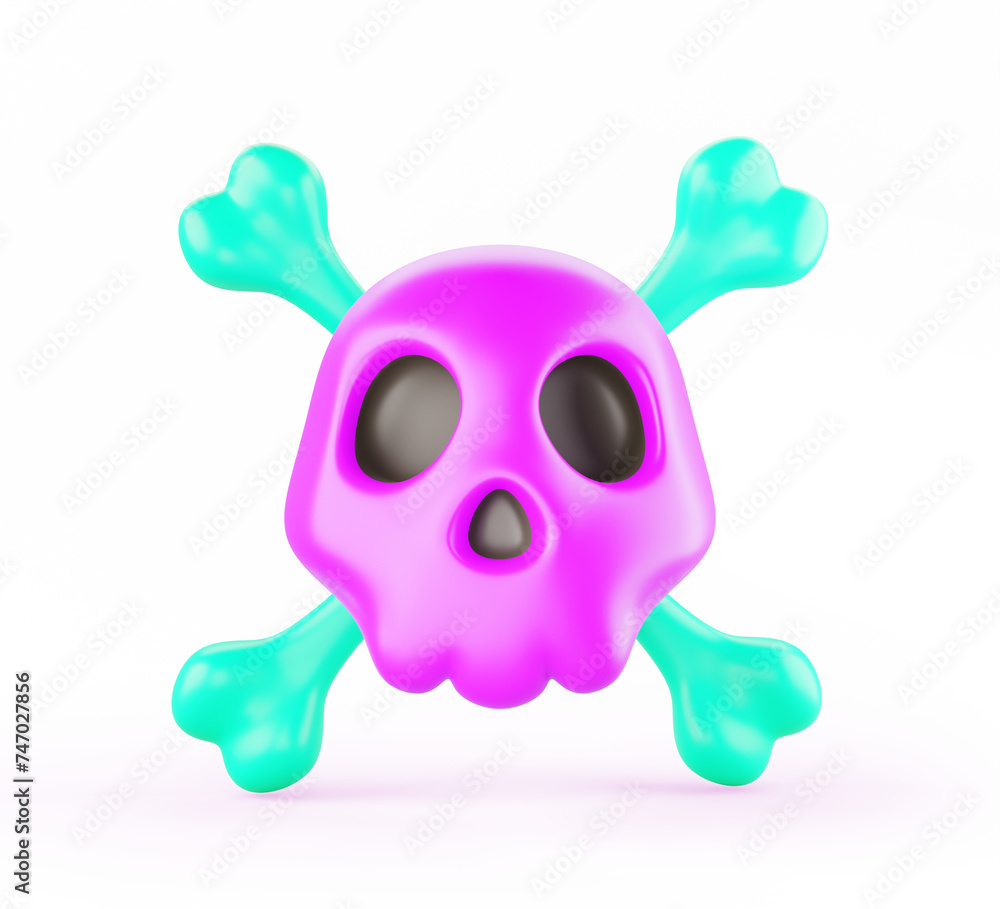 Skull with crossbones 3d render icon. Warning sign of toxic and poison ...