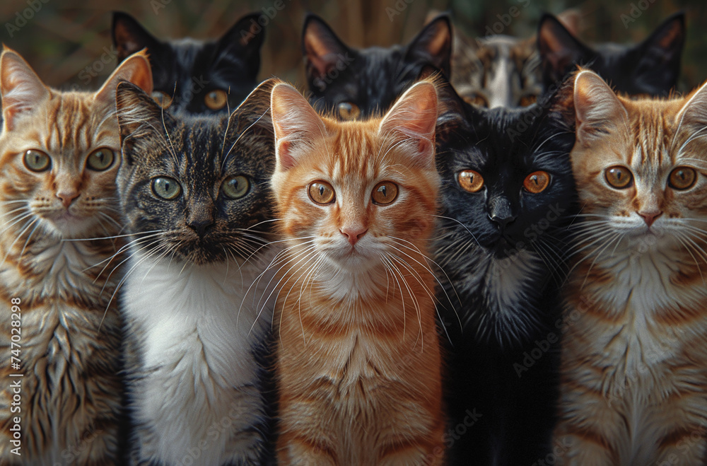 Group of adorable kittens with various fur patterns looking curiously ...