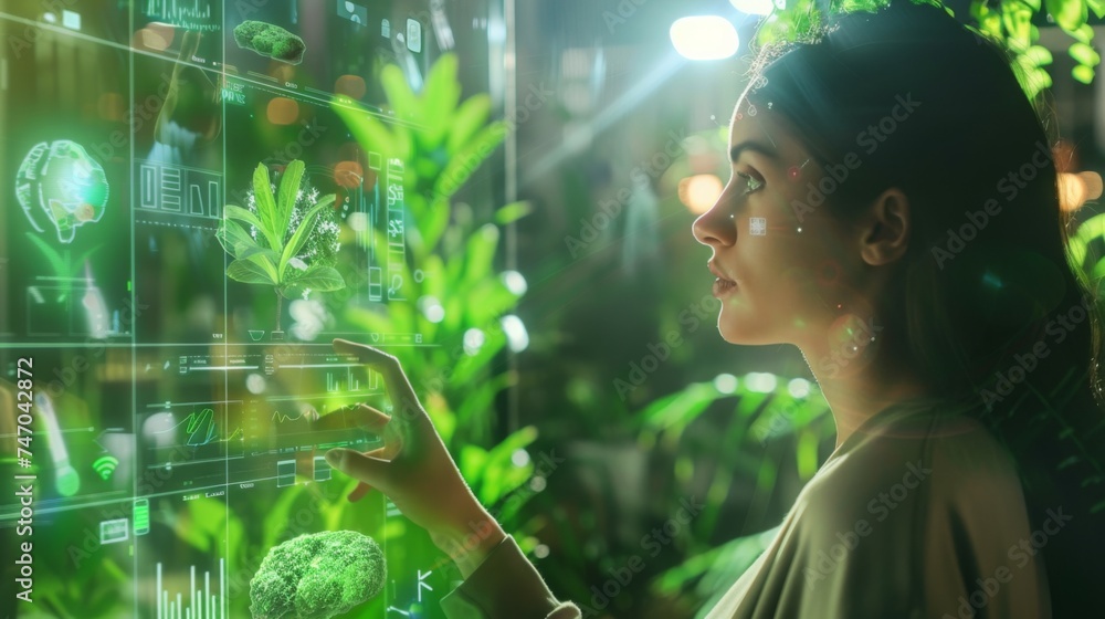 Analyzing Global Data Trends: A Professional Woman Interacts with Advanced Digital Interface for ...