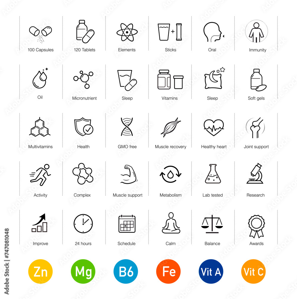 Vitality icon set for healthy lifestyle, human-improving products.The ...