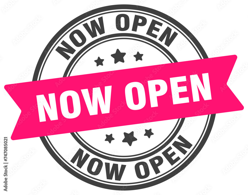 now open stamp. now open label on transparent background. round sign ...