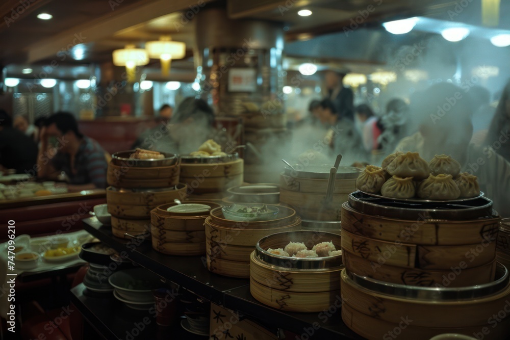 Dim sum restaurant, with carts piled high with steaming bamboo baskets ...