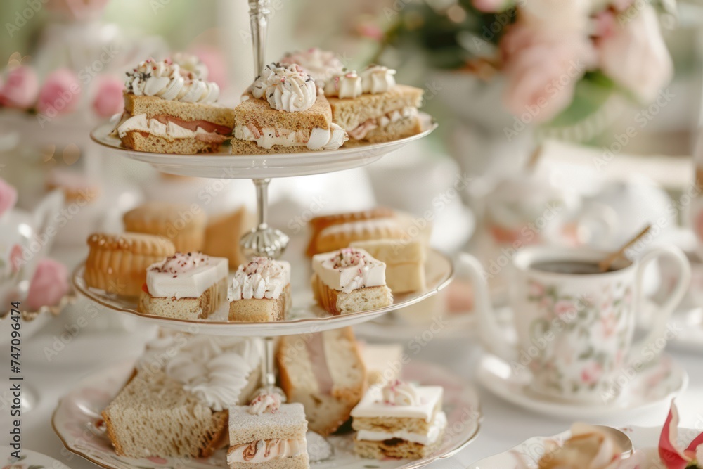 Elegant afternoon tea party, with tiered trays of finger sandwiches ...