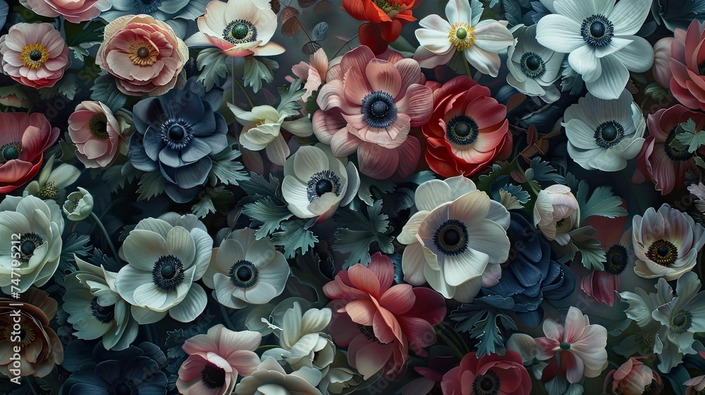 an assembly of stunning anemone flowers in opalescent hues and other ...