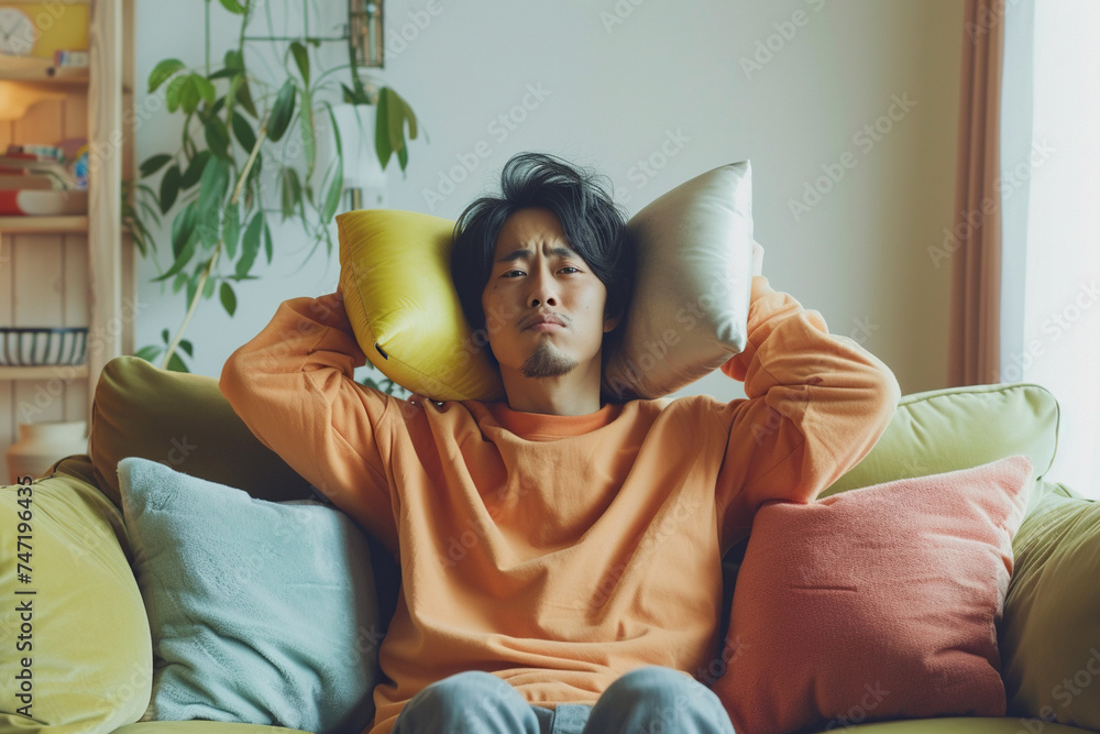 Dissatisfied and angry Japanese young man sitting on sofa at home and ...