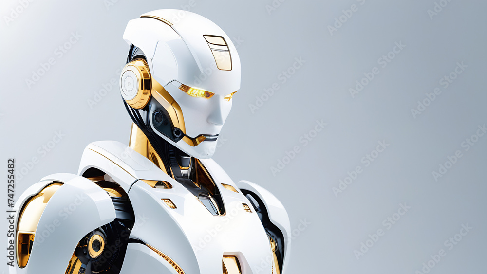 Humanoid robot with free space for text on white background. Global ...
