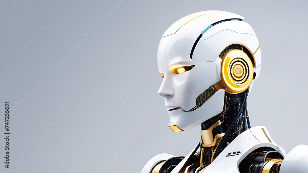 Humanoid robot with free space for text on white background. Global ...