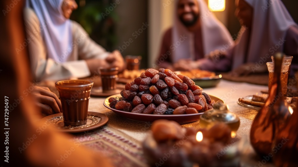 Close-up of a Muslim family eating dates at the dinner table during ...