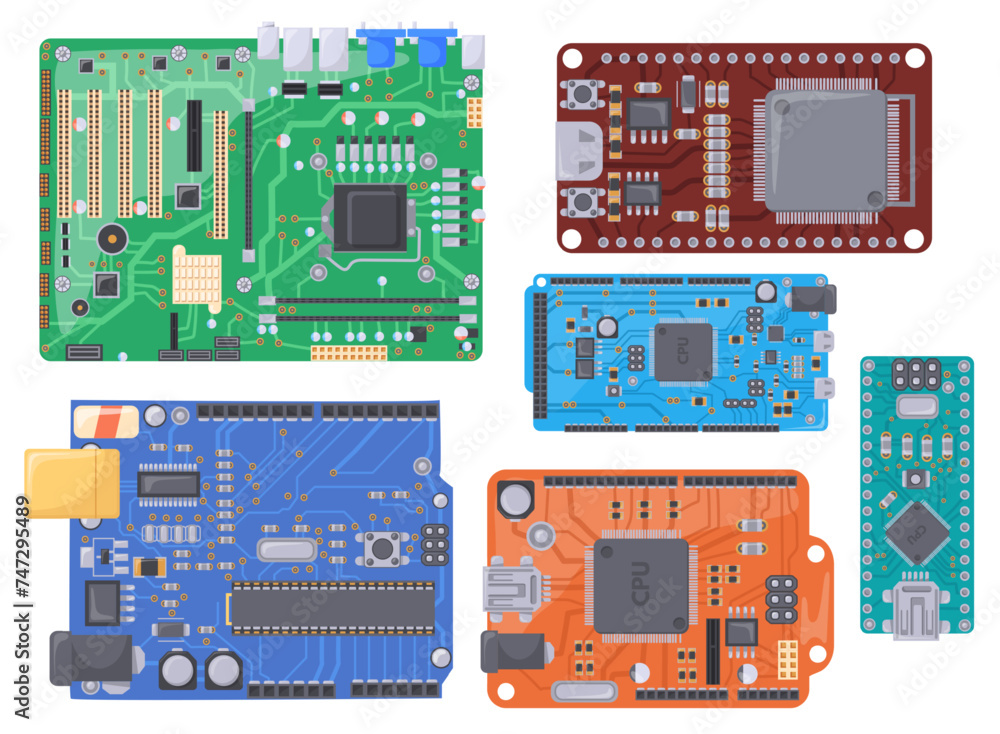 Microcontrollers. PCB electrical boards, semiconductor microchip ...