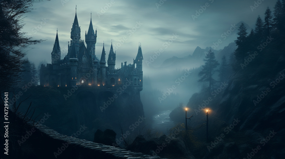 Haunted castles Fog envelops an ancient gothic castle, with twisted ...