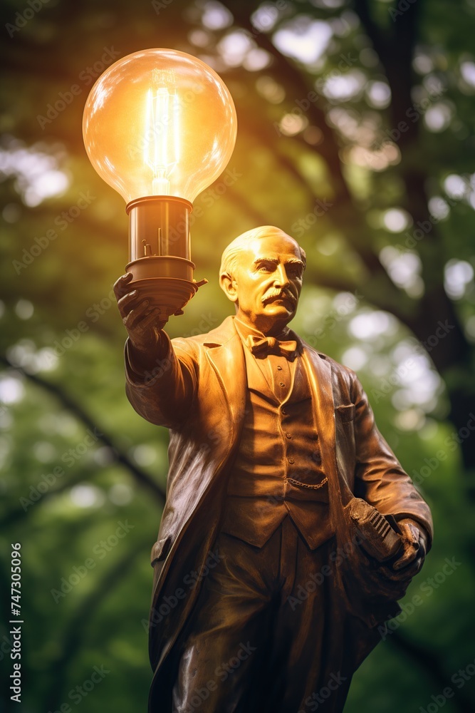 Statue of Thomas Edison with a light bulb in his hand Stock Photo ...