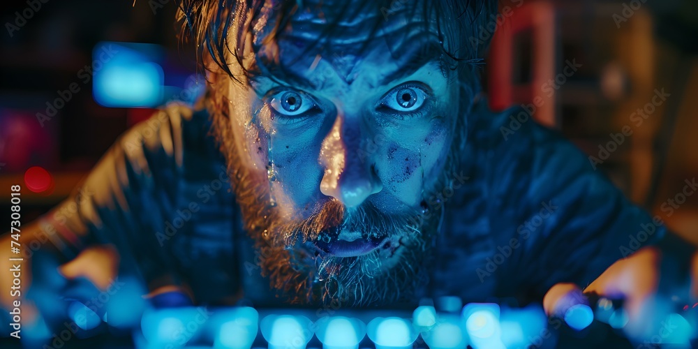 Gamer intensely focused playing video games on illuminated mechanical ...