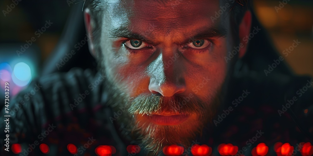 Focused gamer playing video games on illuminated mechanical keyboard ...