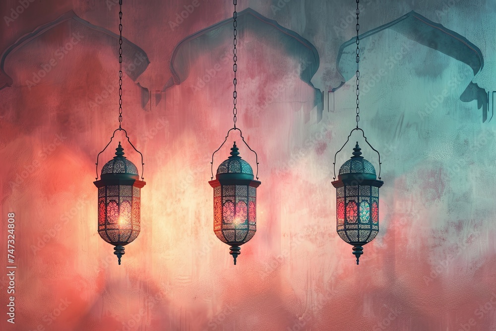 three lanterns are hanging from the ceiling with their shadows on the ...
